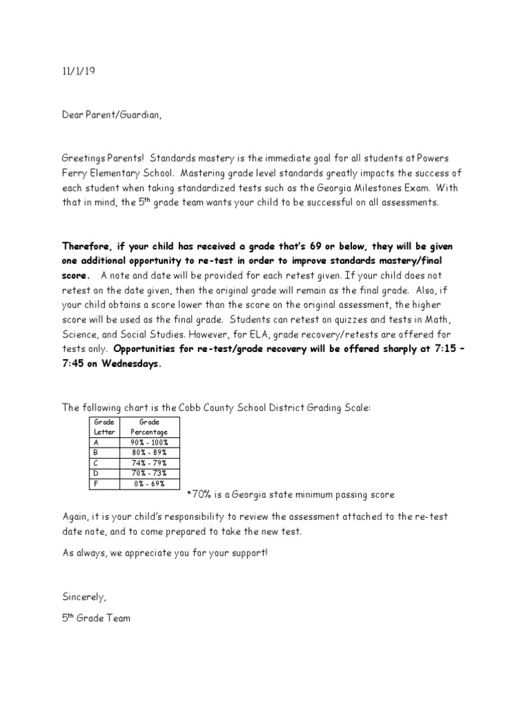Retest Letter To Parents | PDF