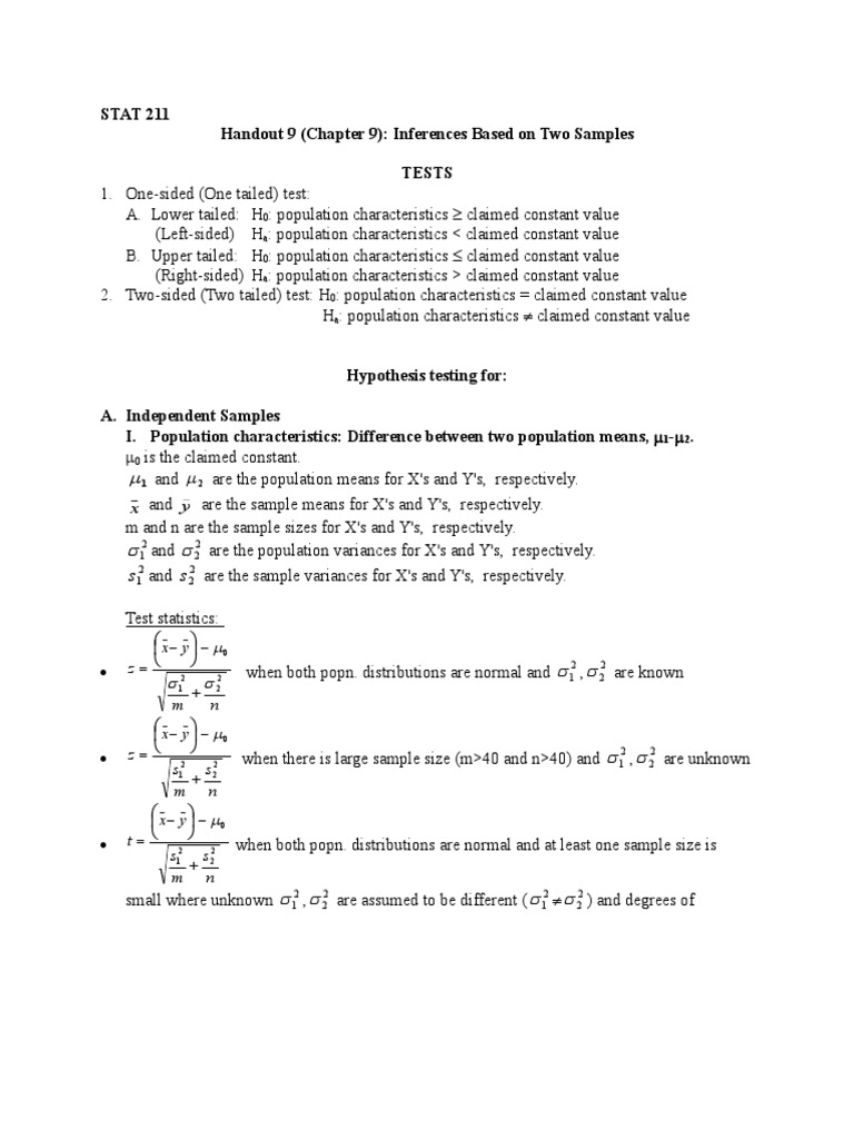 STAT 211 Handout 9 (Chapter 9) : Inferences Based On Two Samples Tests ...