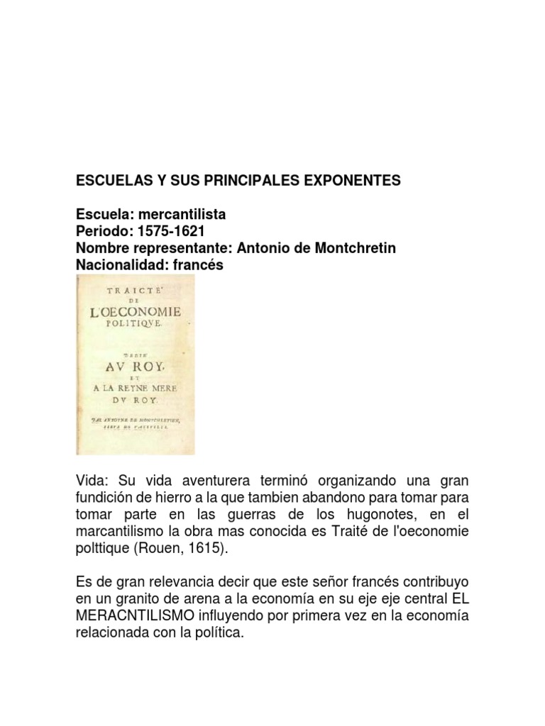 Escuelas y Sus Principales Exponentes | PDF | Mercantilismo | Adam Smith