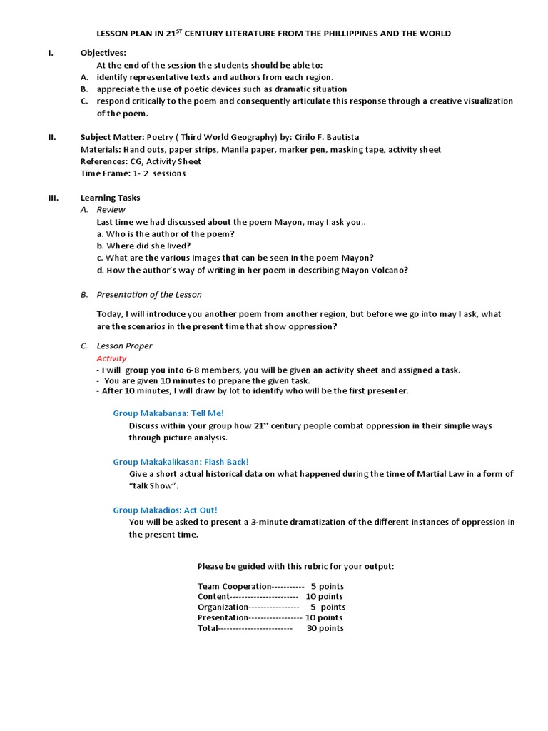 21st Century Literature Lesson Plan | PDF | Poetry | Rubric (Academic)