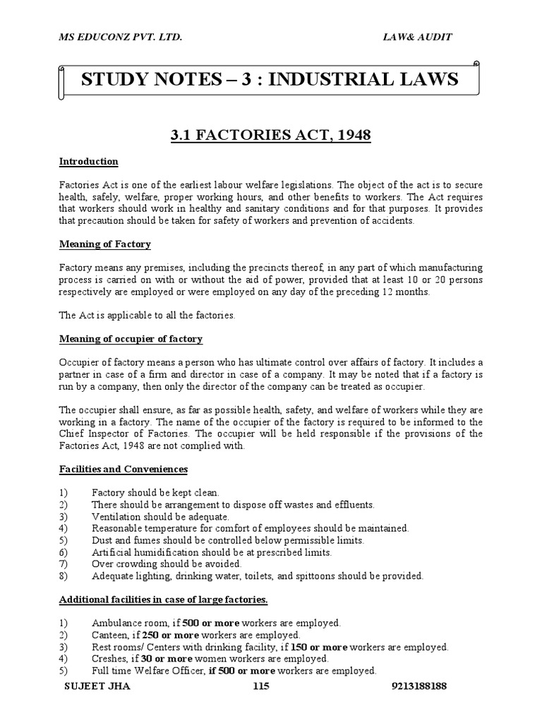 Study Notes - 3: Industrial Laws: 3.1 FACTORIES ACT, 1948 | PDF ...