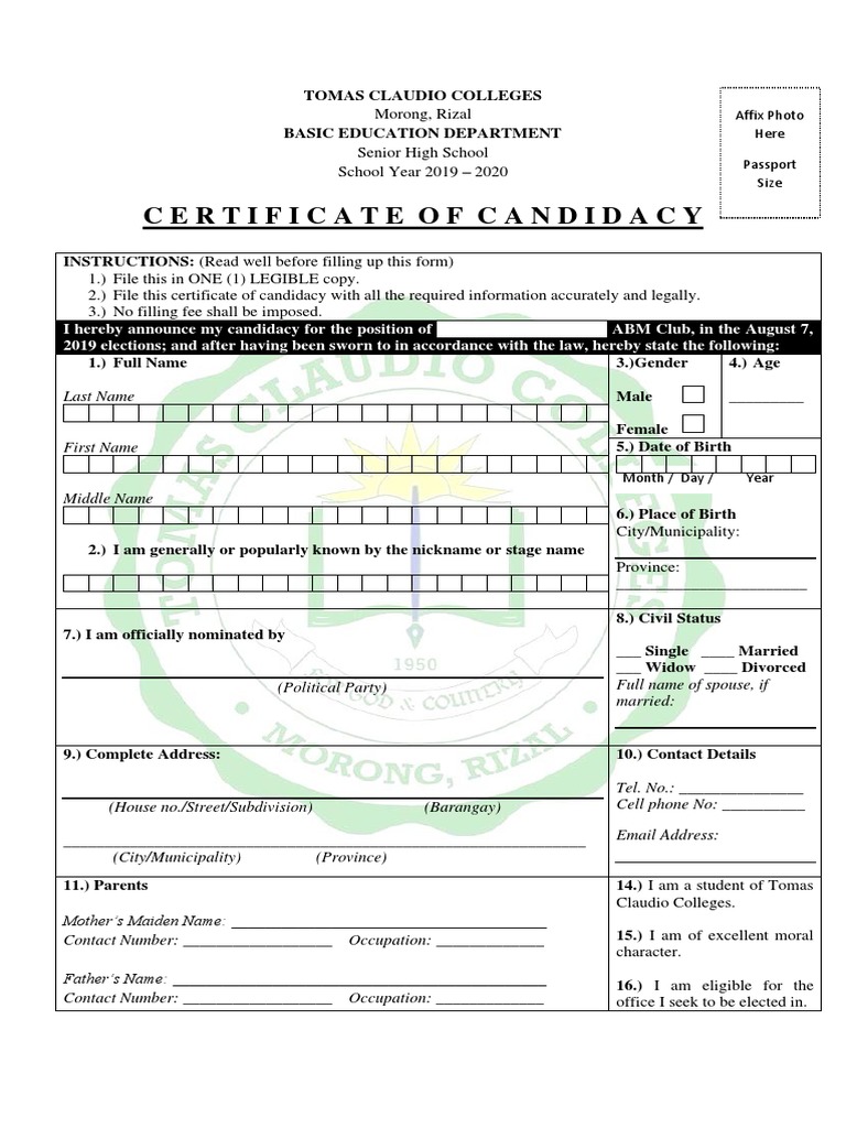 Certificate of Candidacy | PDF | Government | Social Institutions Certificate of Candidacy | PDF | Government | Social Institutions