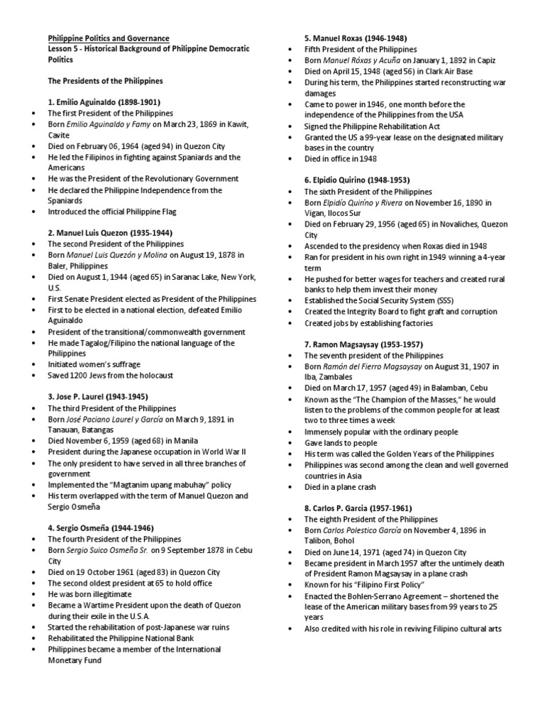 Philippine Presidents Pdf President Of The Philippines World Politics