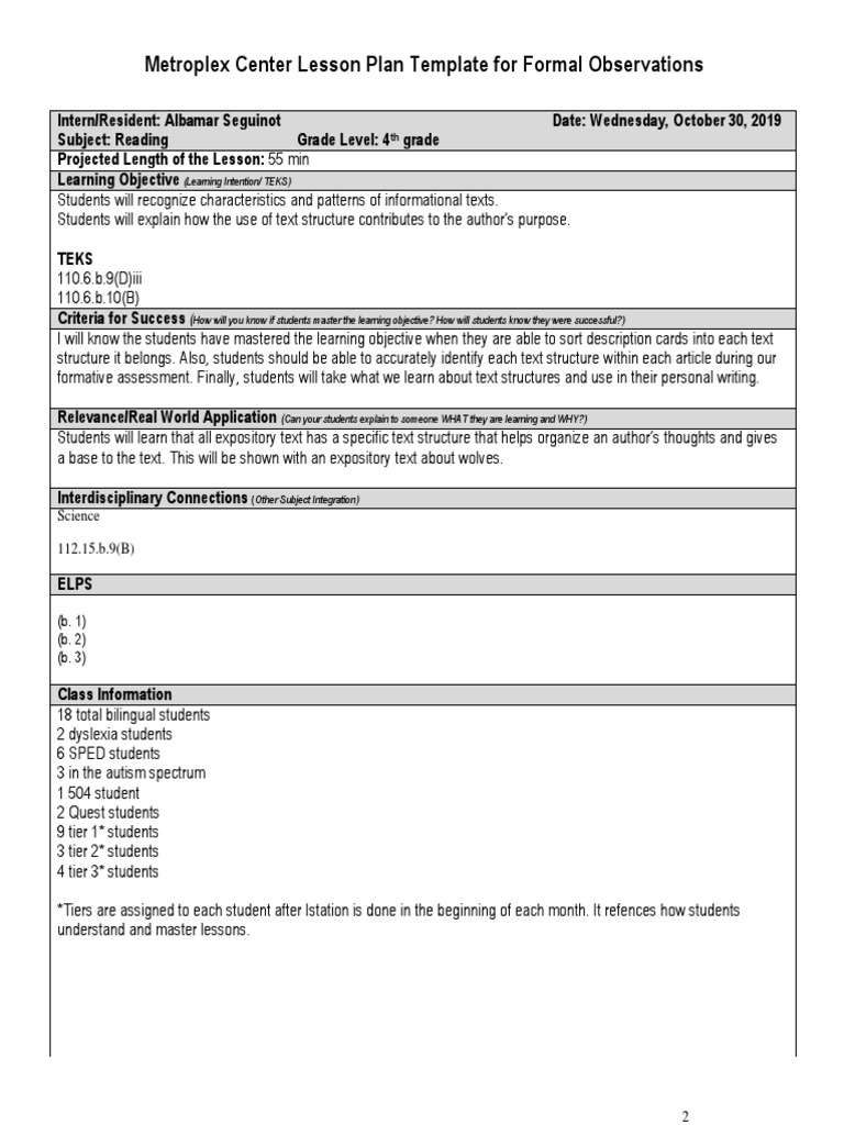 Metroplex Center Lesson Plan Template For Formal Observations ...