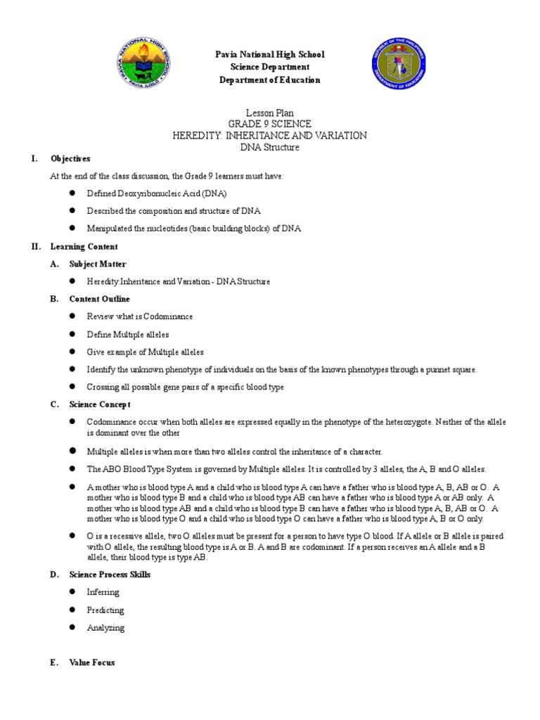 Lesson Plan Grade 9 Science Heredity: Inheritance and Variation DNA ...
