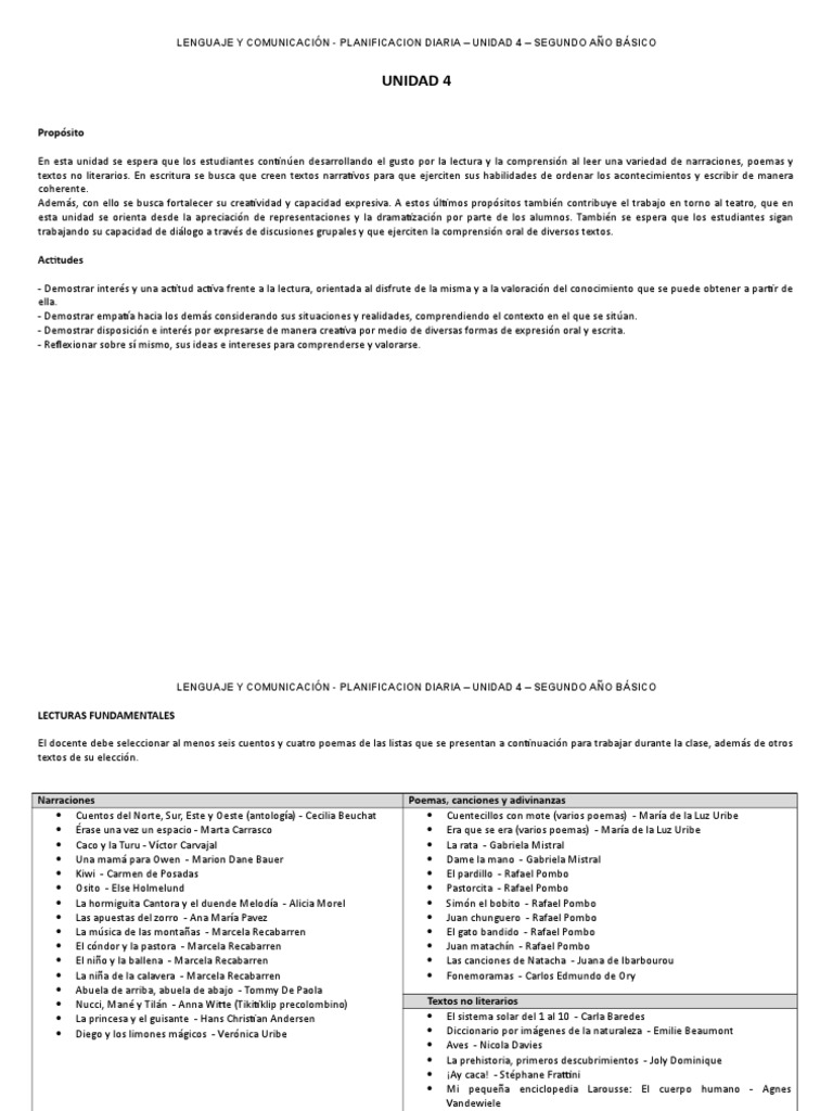 Planificación Unidad 4 Lenguaje 2° Básico | PDF | Narrativa | Información