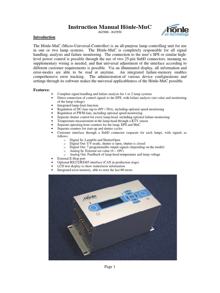 Manual Honle Uv Lamp | PDF | Menu (Computing) | Input/Output