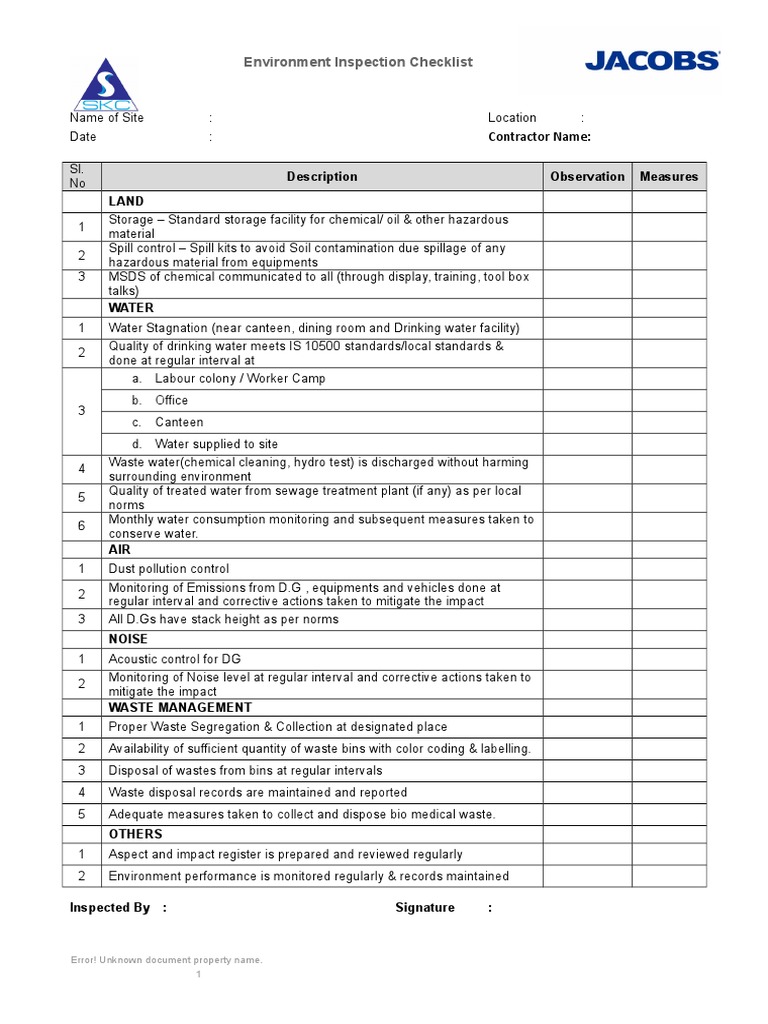 Description Observation Measures Land: Environment Inspection Checklist ...