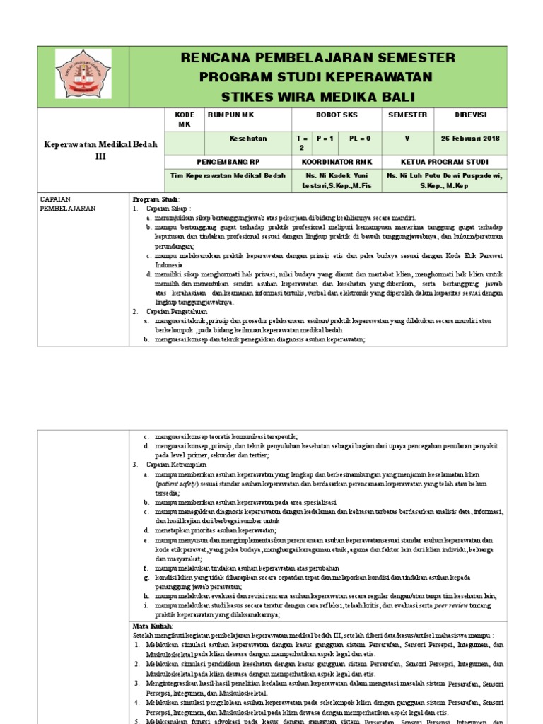 RENCANA PEMBELAJARAN SEMESTER PROGRAM STUDI KEPERAWATAN STIKES WIRA MEDIKA BALI | PDF