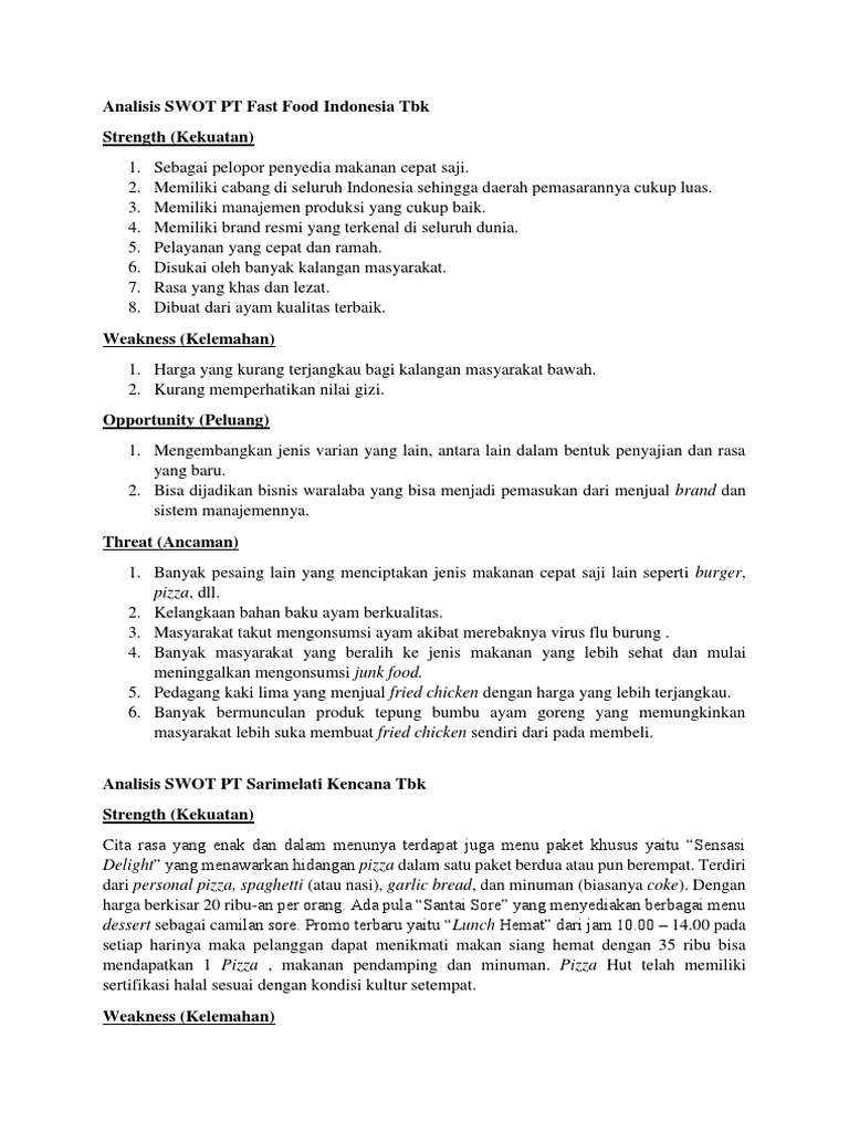 Analisis SWOT | PDF | Memasak, Makanan, & Anggur