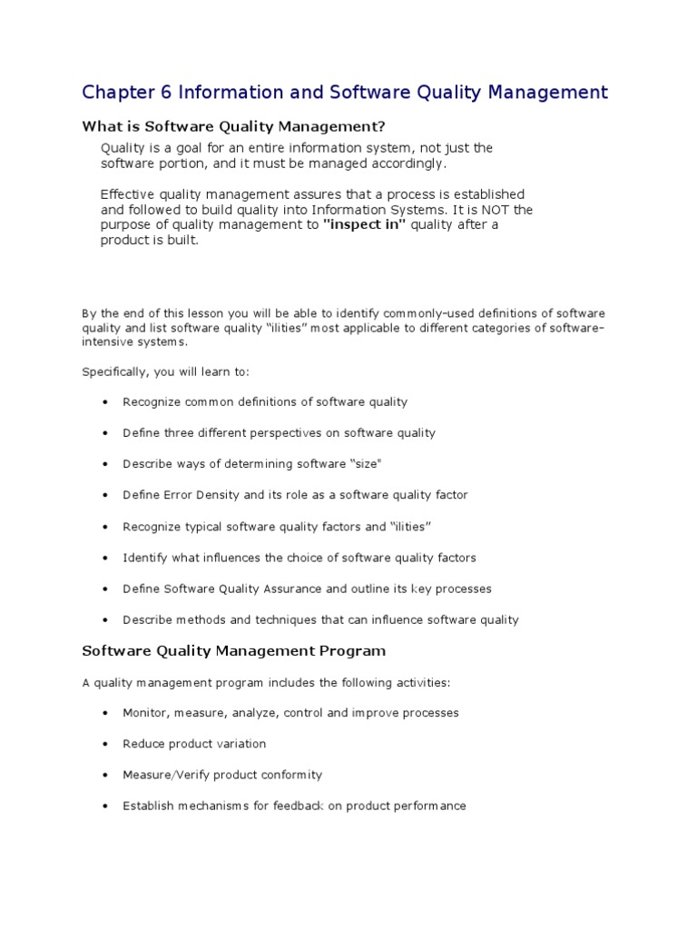 Chapter 6 Information and Software Quality Management | PDF | Software Quality | Quality Management