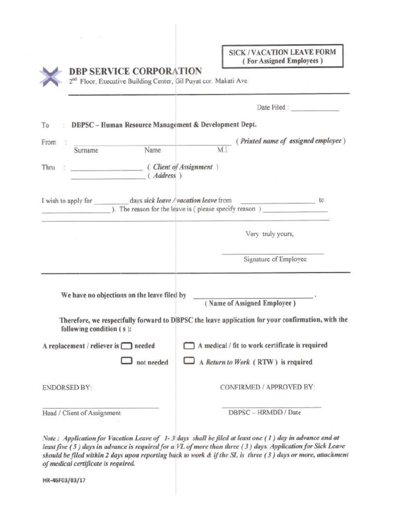 48 Sick - Vacation Leave Form HR-46F03 03 17 PDF | PDF