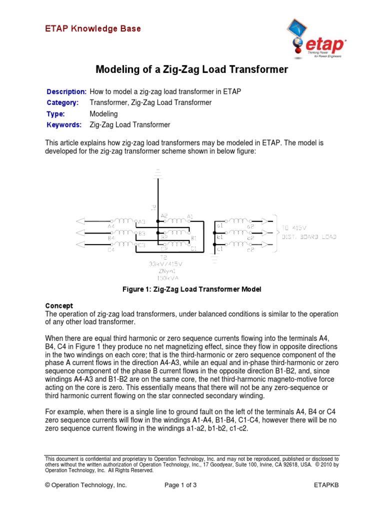 Modeling of a Zig-Zag Load Transformer: ETAP Knowledge Base ...
