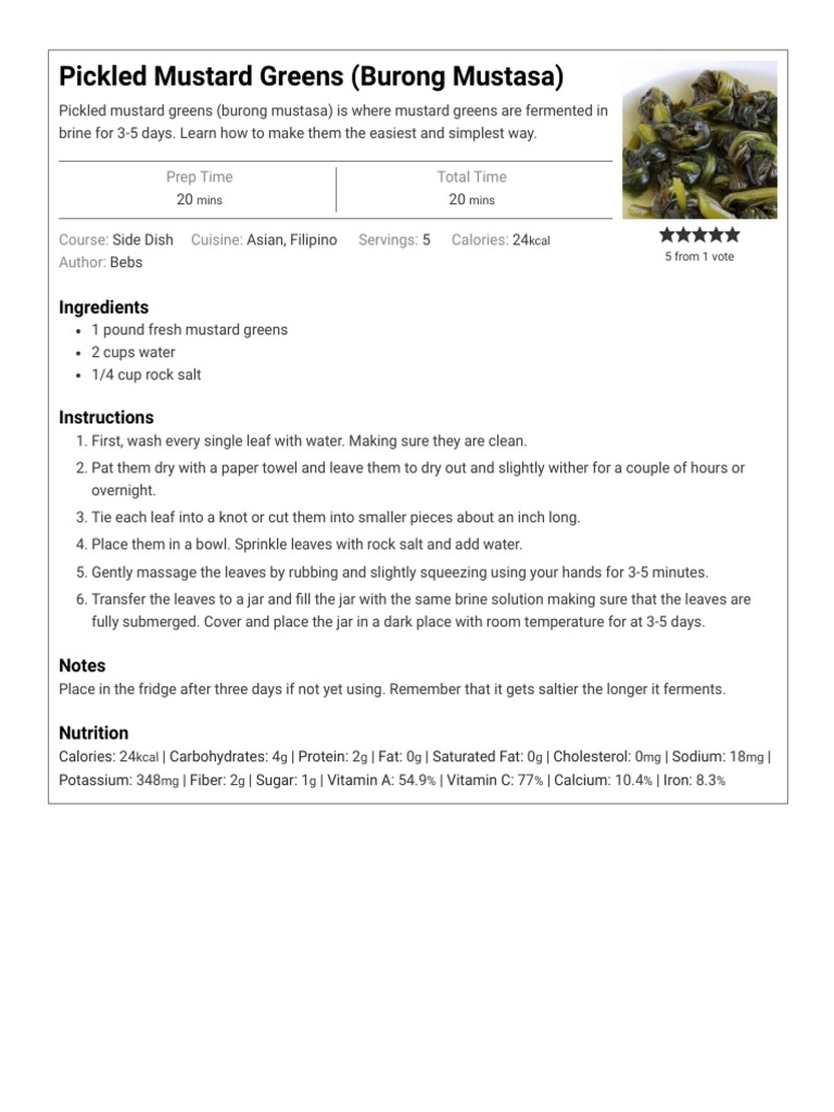 Burong Mustasa: Easy Pickled Recipe | PDF | Cooking, Food & Wine