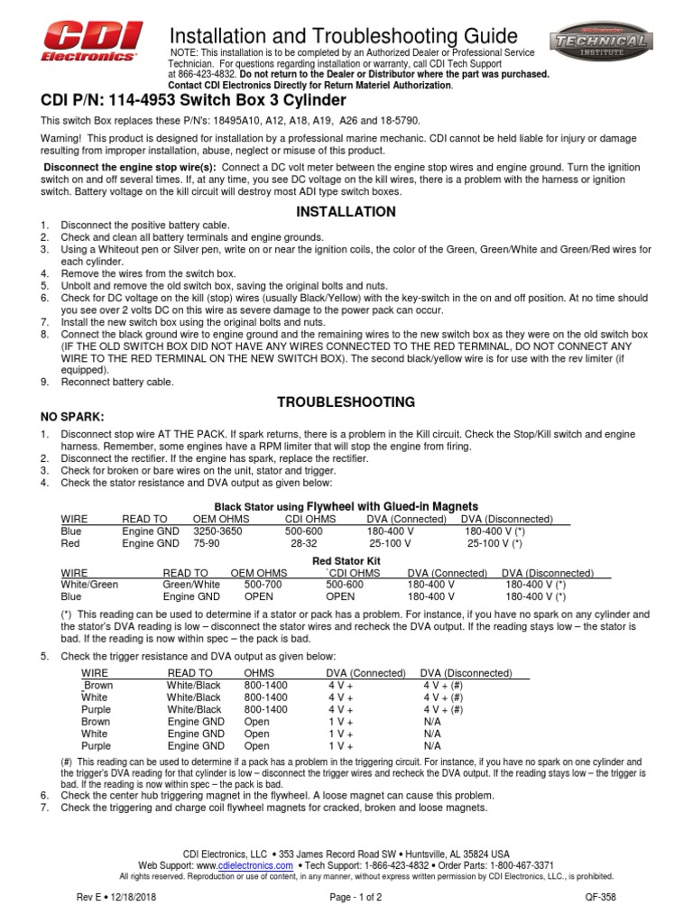 Installation and Troubleshooting Guide: CDI P/N: 114-4953 Switch Box 3 ...