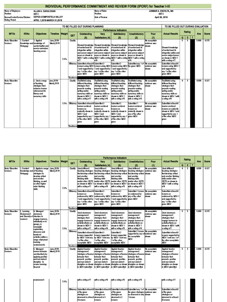 Individual Performance Commitment and Review Form (Ipcrf) For Teacher I ...