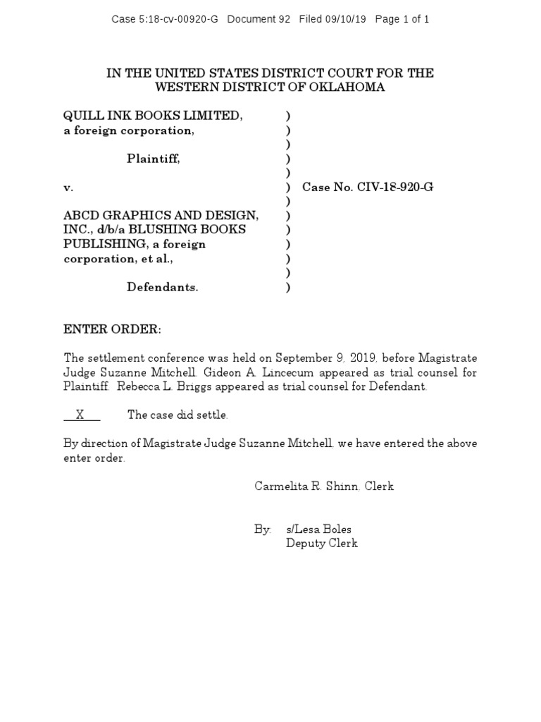 Quill Ink Books (Zoey Ellis) and Blushing Books Settlement | PDF