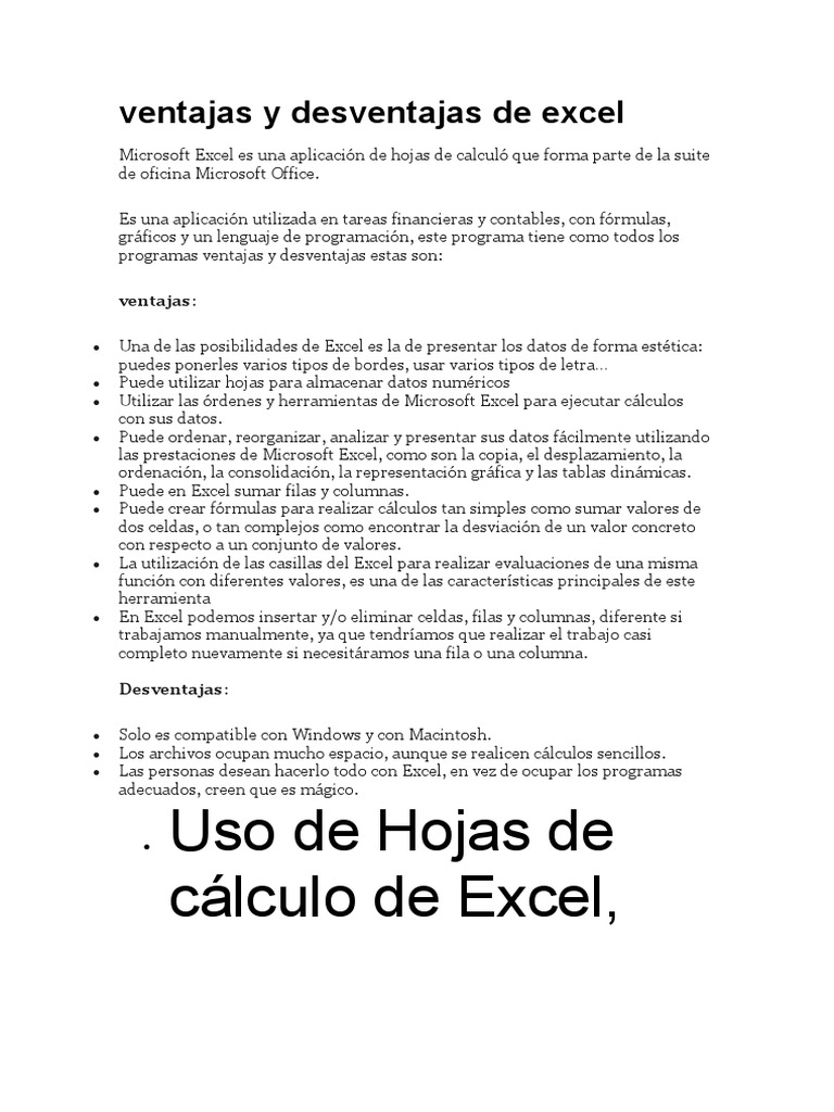 Ventajas y Desventajas de Excel | PDF | Microsoft Excel | Hoja de cálculo