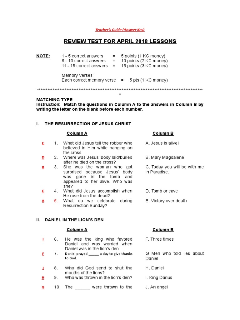 Review Test For April 2018 Lessons: Teacher's Guide (Answer Key) | PDF ...