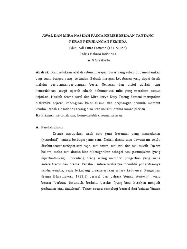 Awal Dan Mira Naskah Pasca Kemerdekaan Tantang Peran Perjuangan Pemuda | PDF