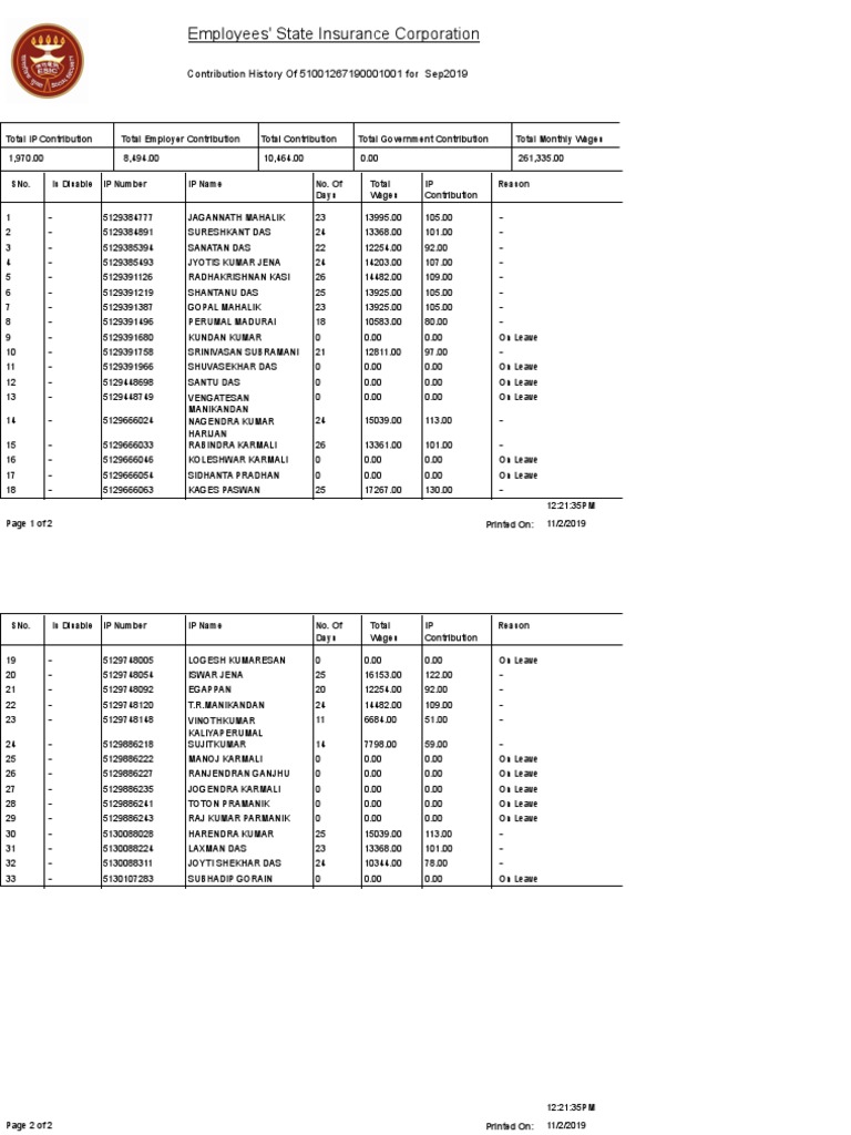 ESIC Contribution History for Sep 2019 | PDF | Employee Relations ...