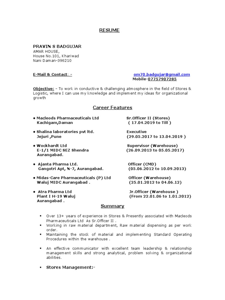 Resume PRAVIN | PDF | Inventory | Warehouse