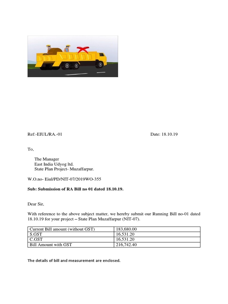 Sub: Submission of RA Bill no 01 dated 18.10.19 | Economy Of India ...