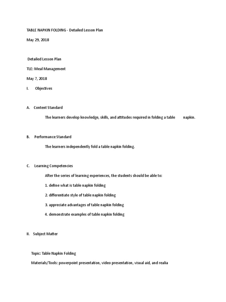 Table Napkin | PDF | Lesson Plan | Learning