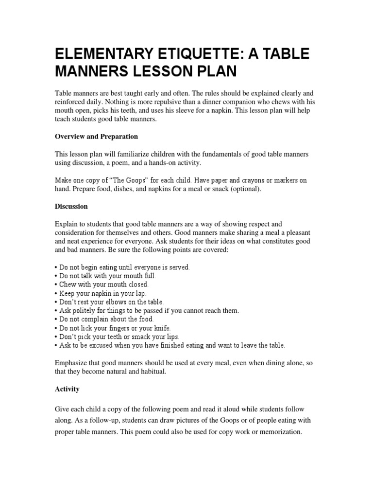 Elementary Etiquette Lesson Plan | PDF | Meal | Food And Drink
