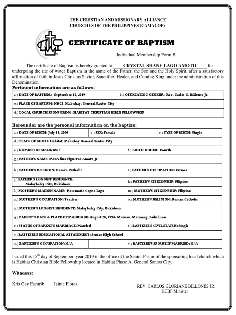 Baptismal Form-Certificate Crystal Amoto | PDF | Baptism | Christian ...