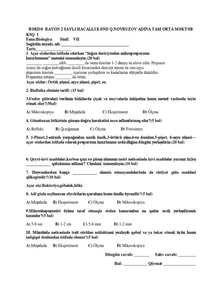 7-Ci Sinif KSQ 1 | PDF