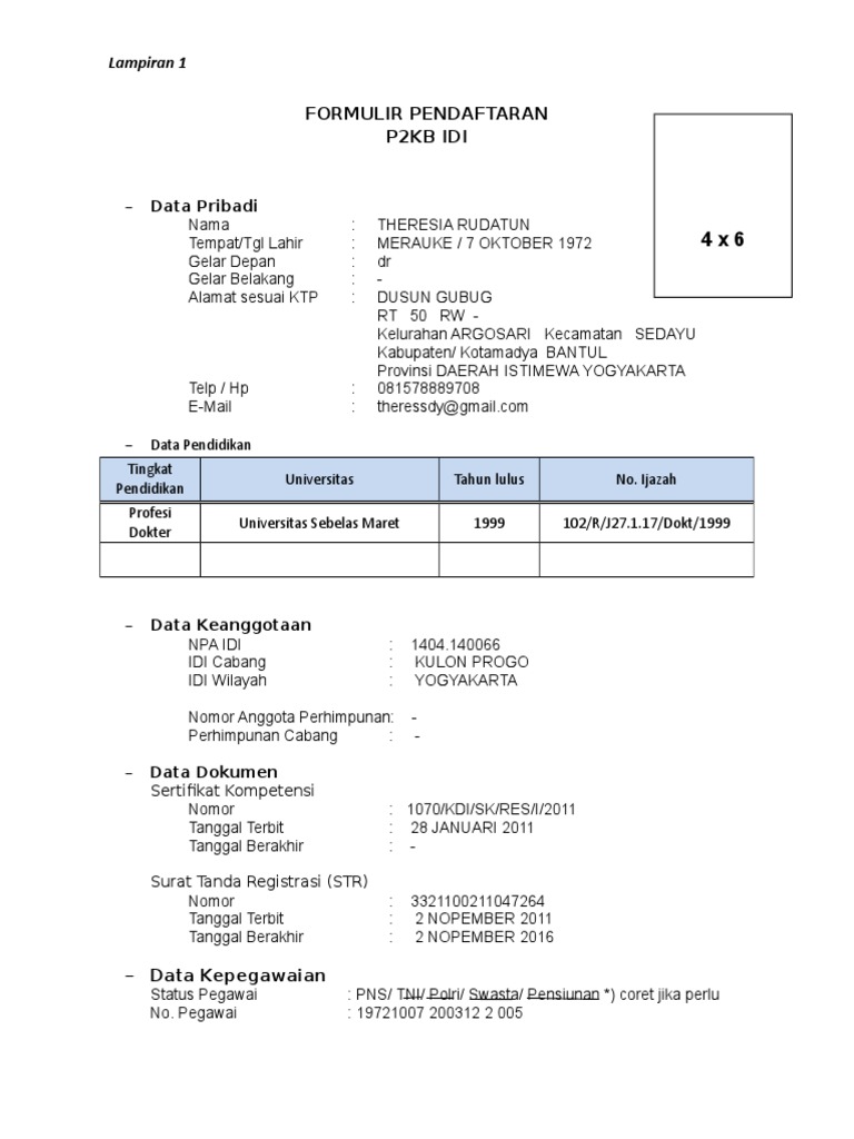 Lampiran 1: Formulir Pendaftaran P2Kb Idi | PDF