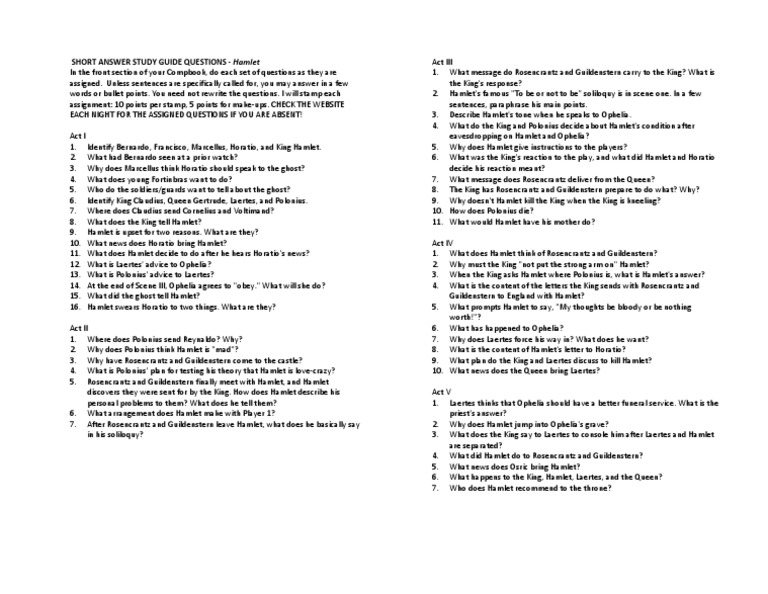Short Answer Study Guide Questions - Hamlet | Download Free PDF ...