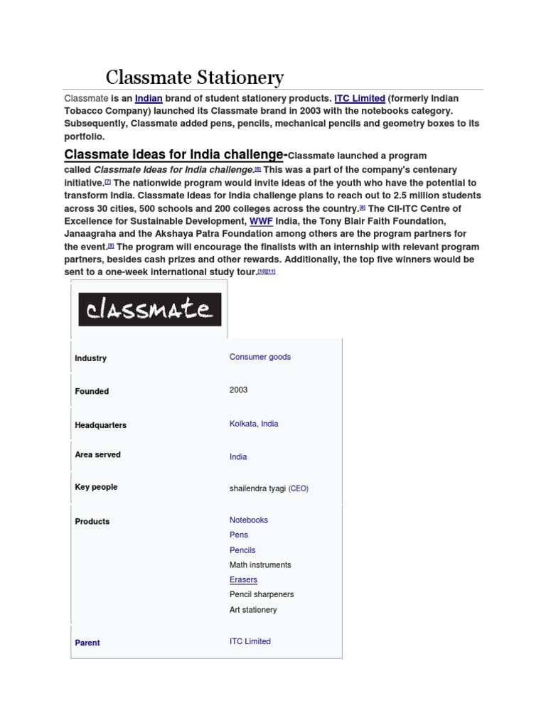 Classmate Stationery: Classmate Ideas For India Challenge | PDF