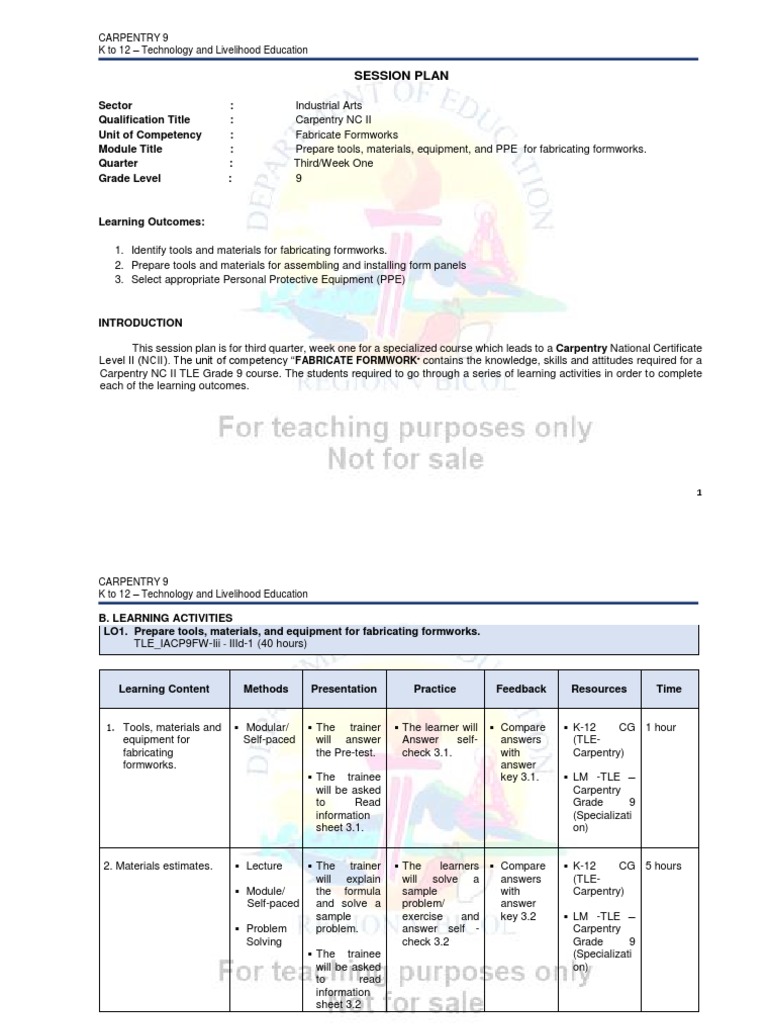 3rd Quarter Session Plan Carpentry PDF | Download Free PDF | Carpentry | Learning