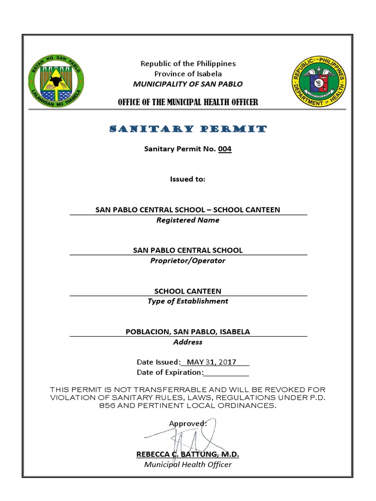 Sanitary Permit No. 004 Issued to San Pablo Central School - School ... Sanitary Permit No. 004 Issued to San Pablo Central School - School ...