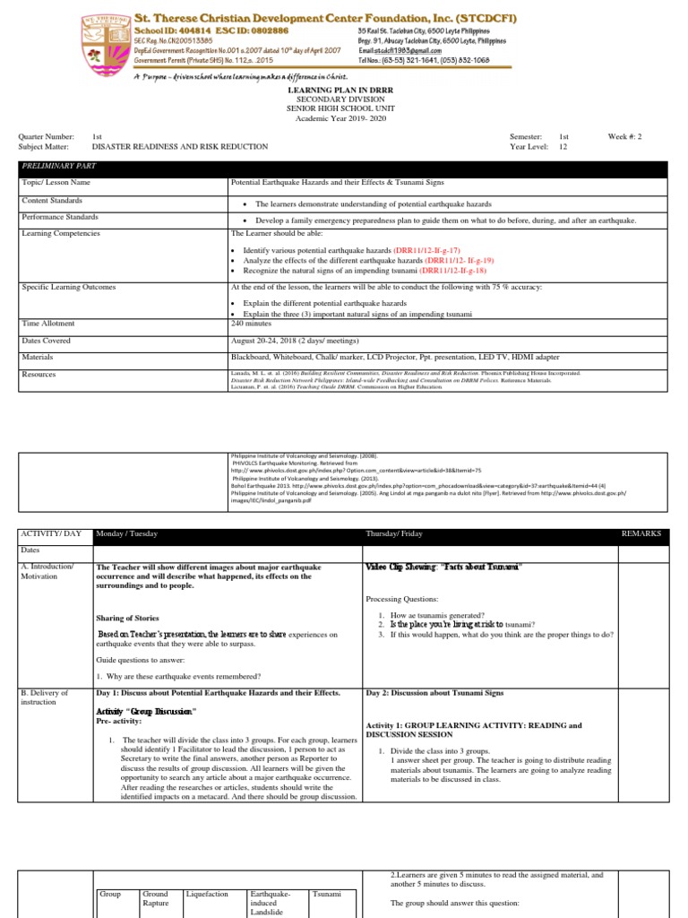 Learning Plan in DRRR Week 2 | PDF | Tsunami | Earthquakes