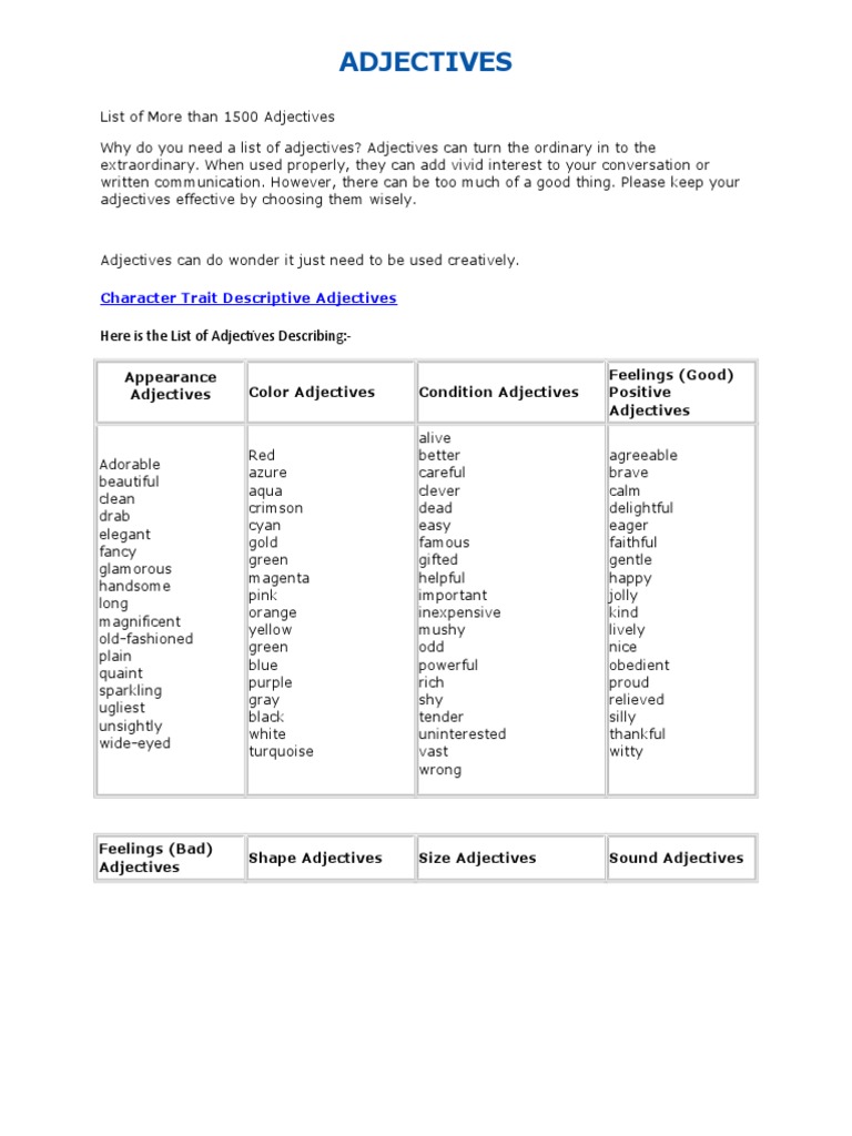 Adjectives: Here Is The List of Adjectives Describing | PDF | Art ...