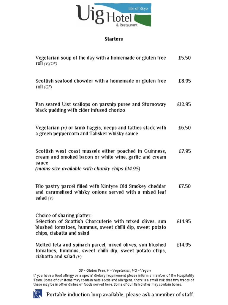 Uig Hotel Dinner Menu | PDF | Cheddar Cheese | Foods