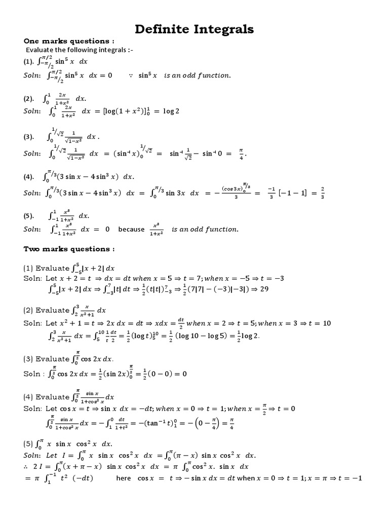 Definite Integrals: One Marks Questions | Download Free PDF ...