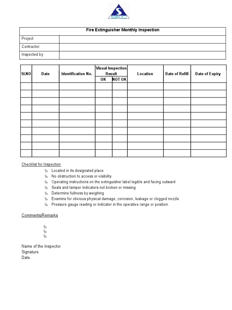 Fire Extinguisher Monthly Inspection | PDF