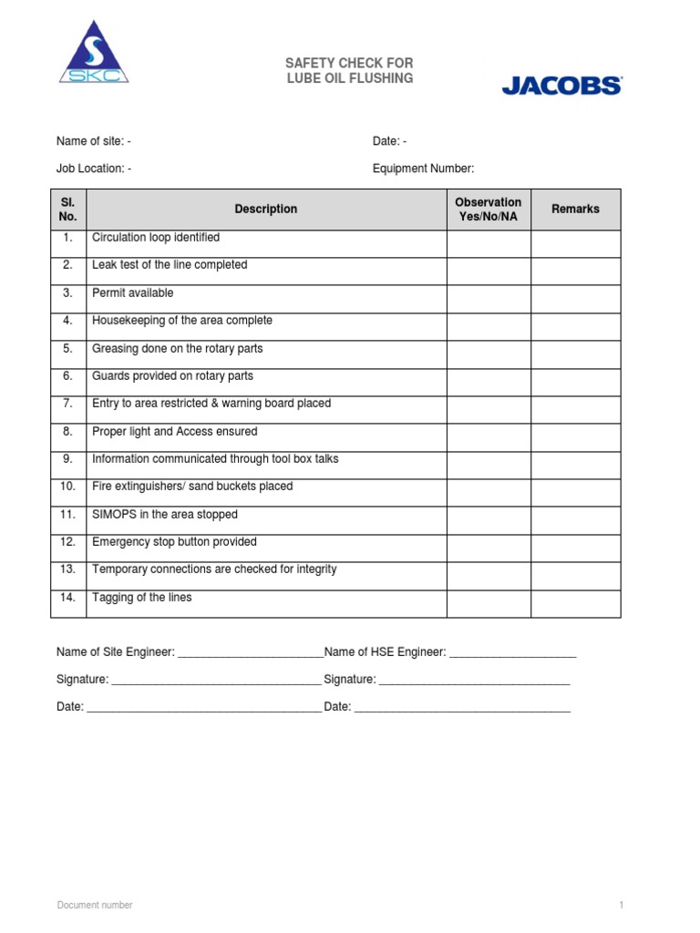 Safety Check For Lube Oil Flushing: SI. No. Description Observation Yes ...