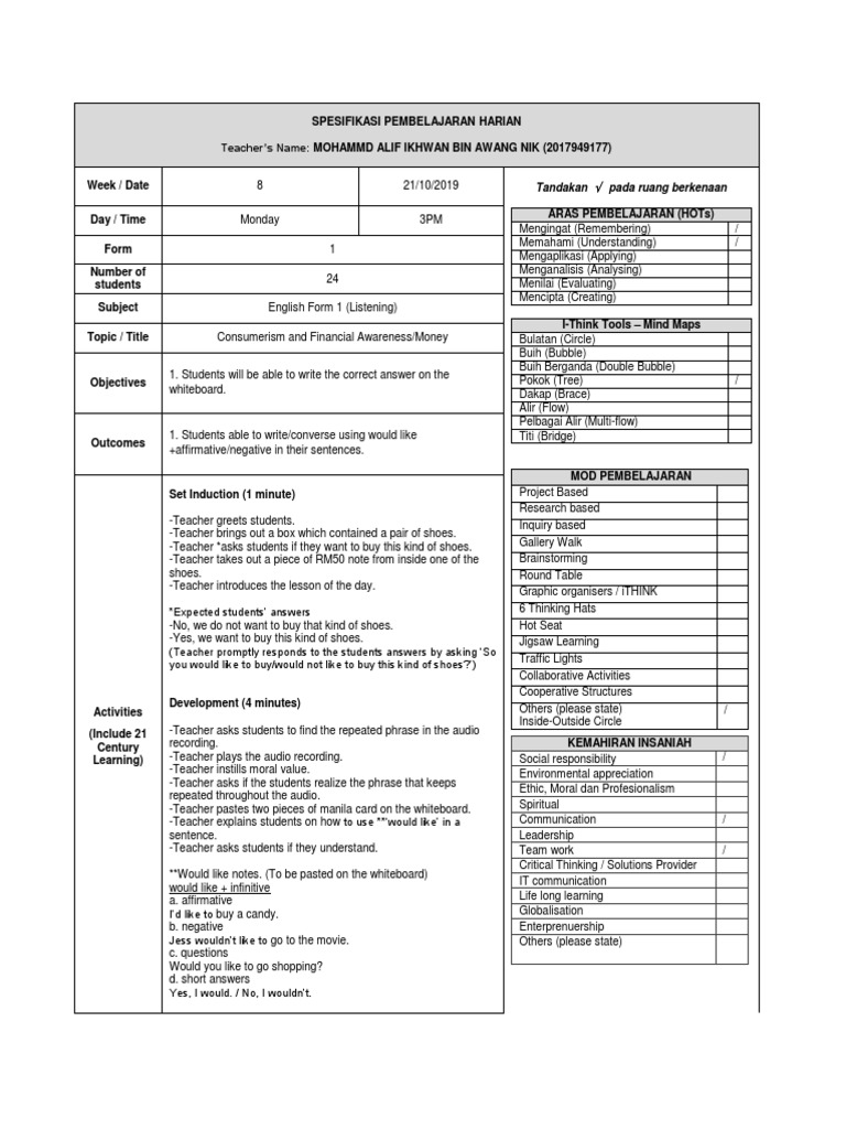 Lesson Plan Money | PDF | Communication | Cognitive Science