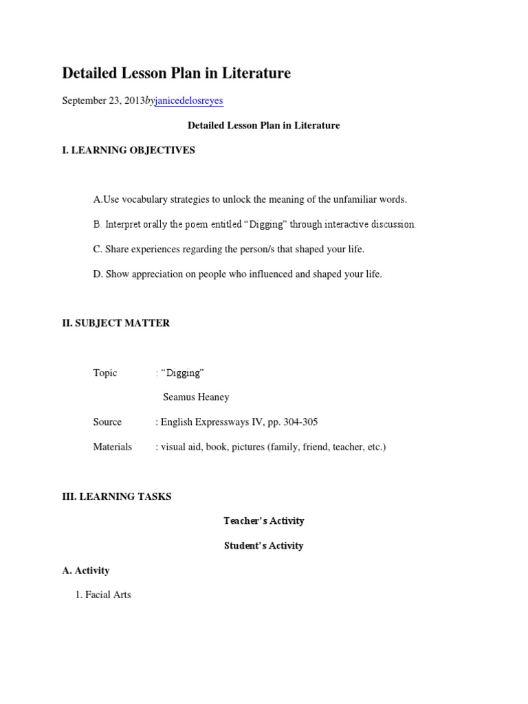 Detailed Lesson Plan in Literature I. Learning Objectives | PDF ...