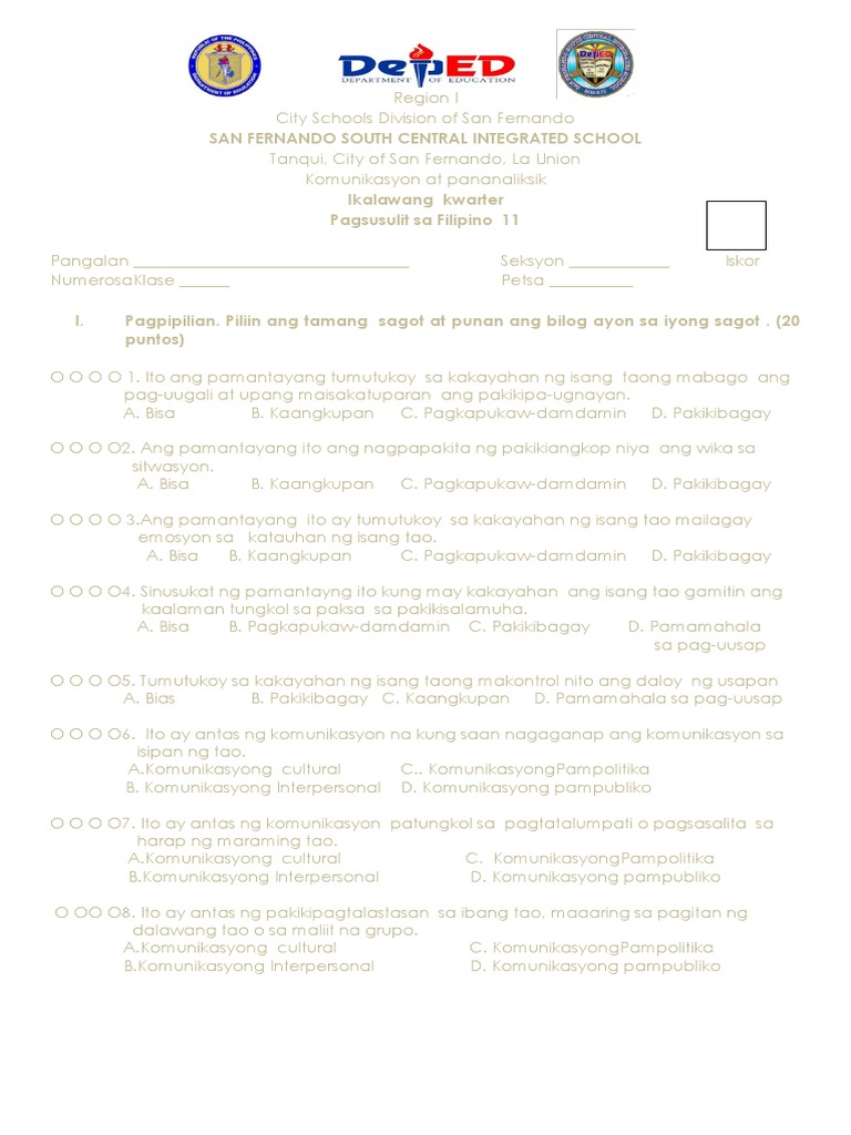 Exam Fil 11 Komunikasyon at Pananaliksik q2 | PDF