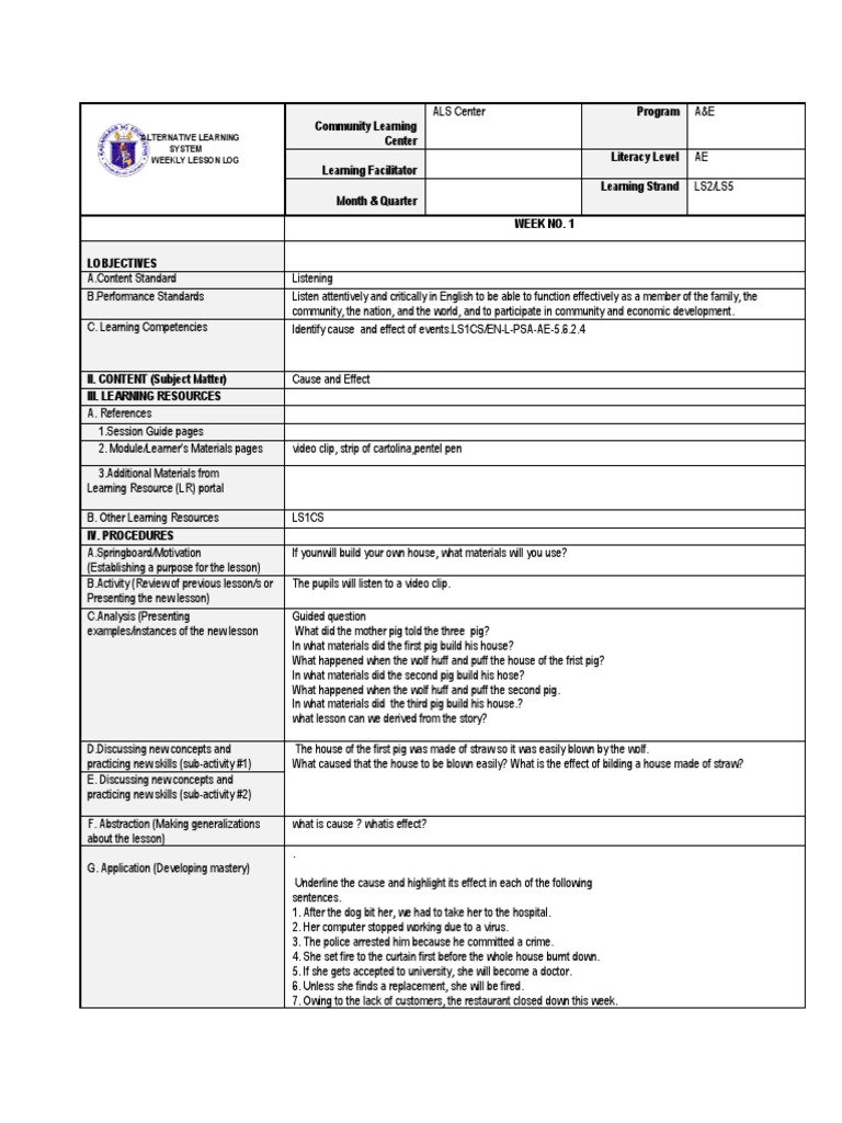 Community Learning Center Program A&E: Alternative Learning System Weekly Lesson Log | PDF ...