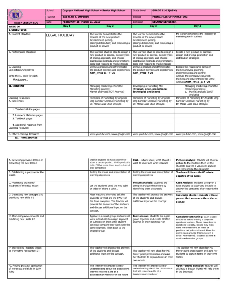 Daily Lesson Log: Marketing Principles | PDF | Teachers | Marketing