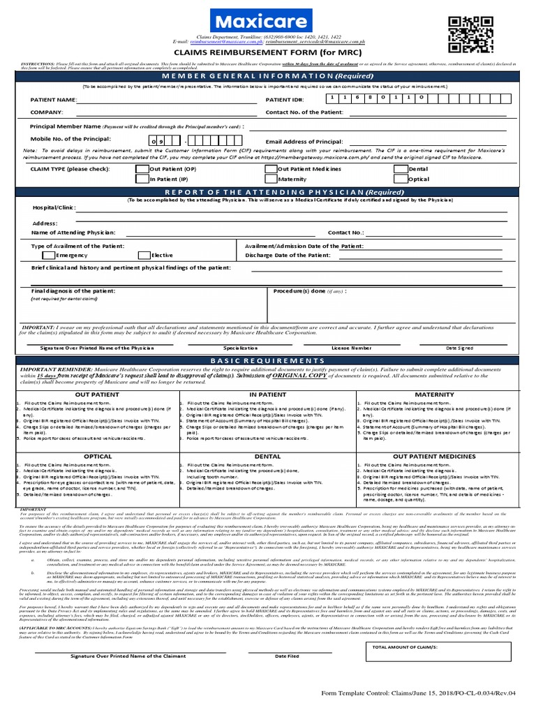 Claims Reimbursement Form (For MRC) : Member General Information ...