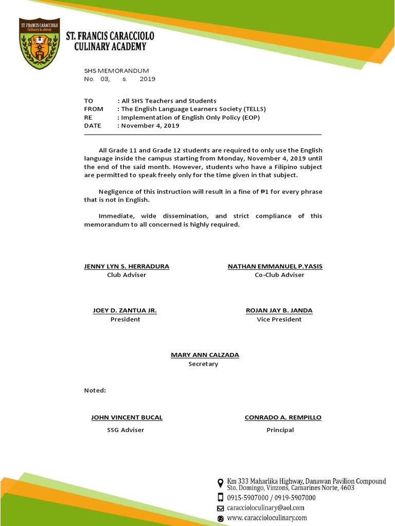 English Only Policy Implementation Memo | PDF