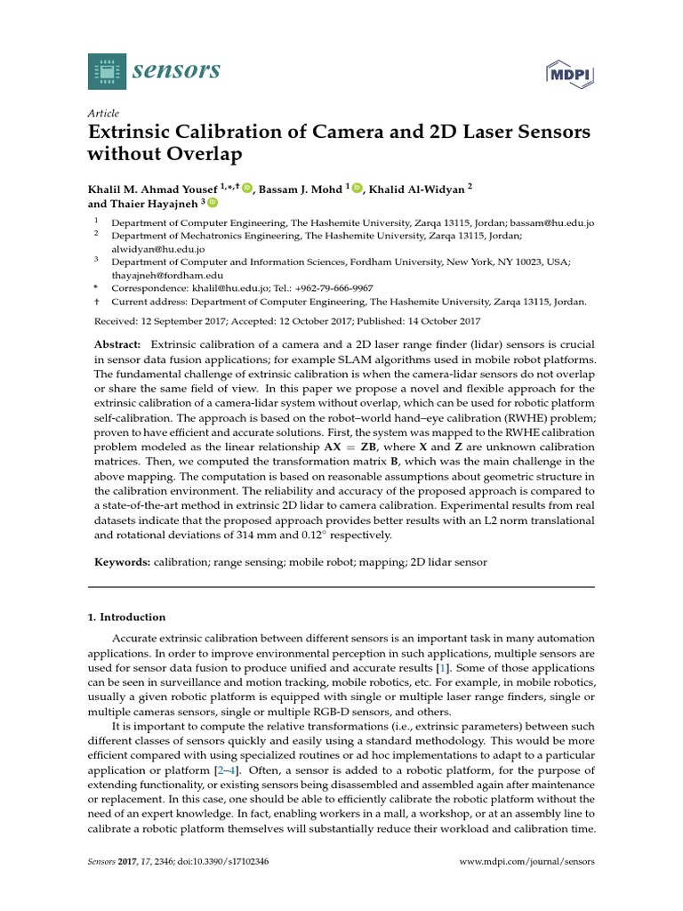 Sensors: Extrinsic Calibration of Camera and 2D Laser Sensors Without ...